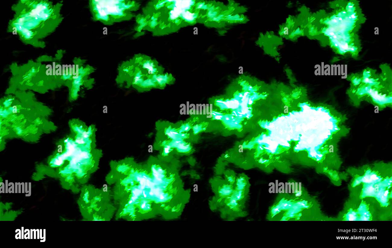 Green and red spots of gasoline on a black background. Motion. Three d ...