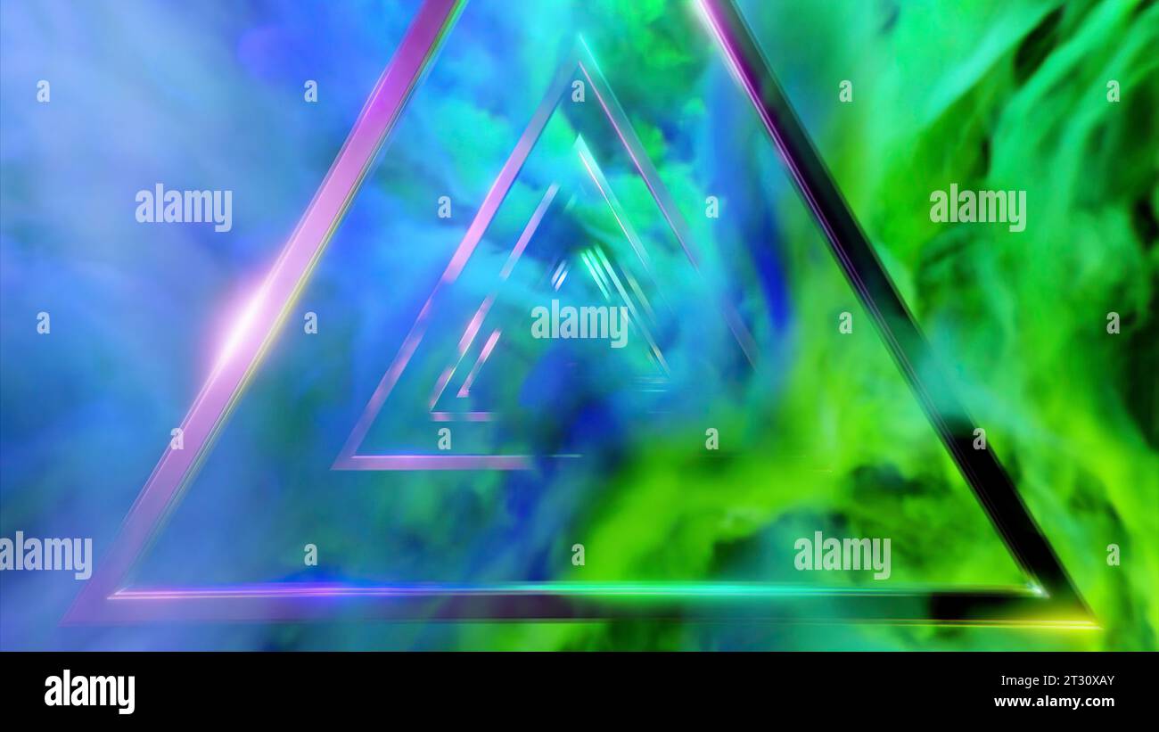 Surreal sky with flying silhouettes of triangles. Design. Bright clouds ...