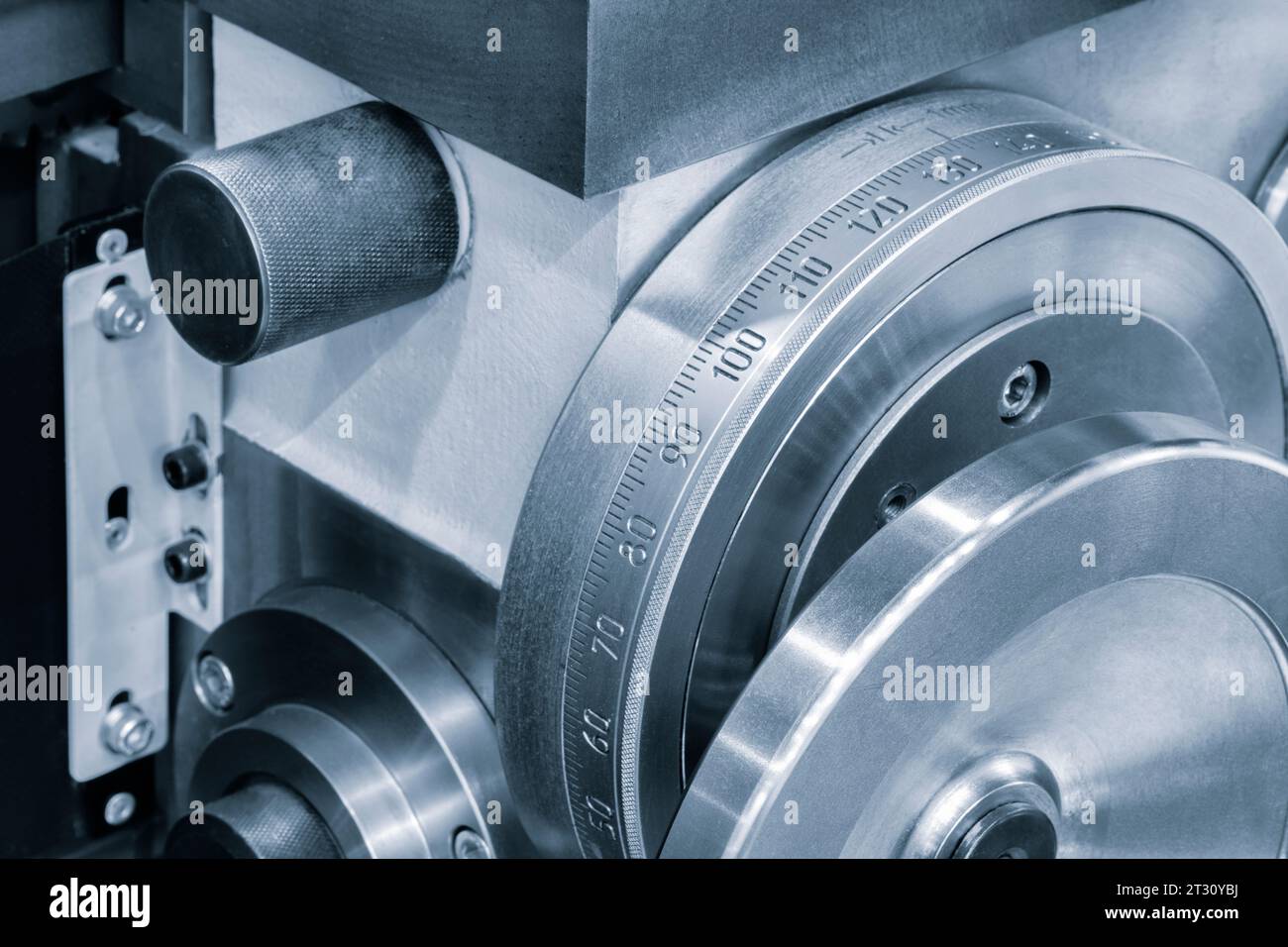Lathe control knobs close up blue tone. Metal machine tools industry ...