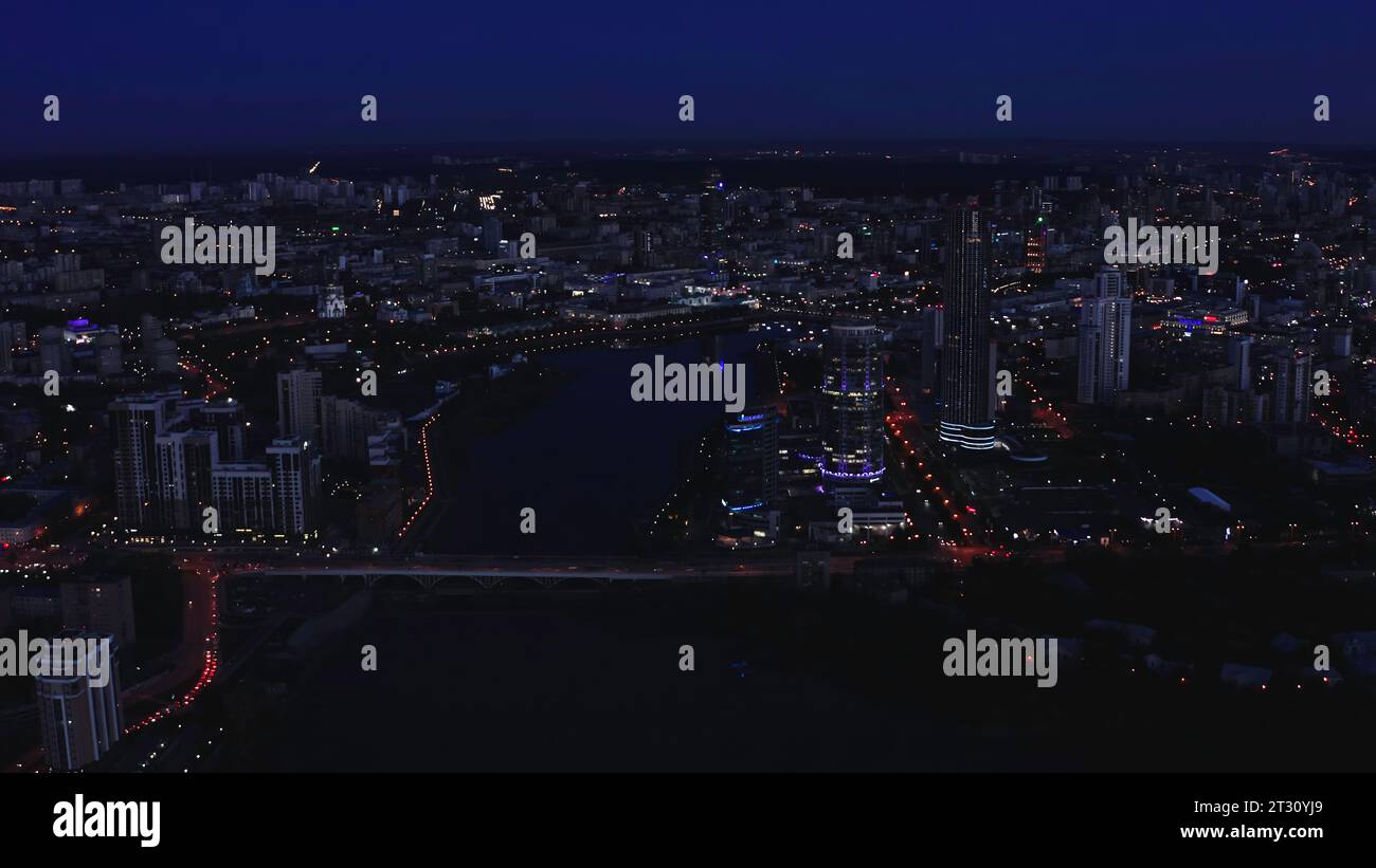 Top view of beautiful night city with modern lights. Stock footage ...