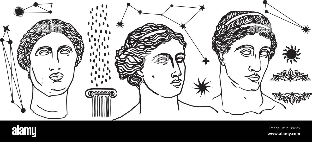 Gestural line illustration of Greek and Roman statues. Handmade drawing ...