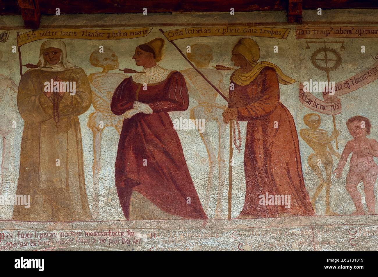 Smiling skeletons and three women, each pierced by the arrow of Death ...