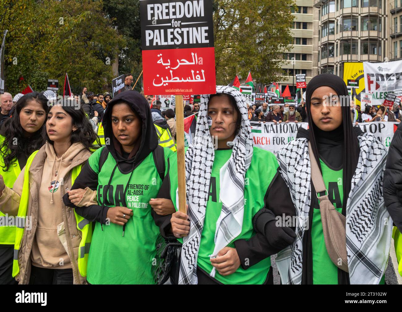 London / UK - Oct 21 2023: Muslim women hold placards as they march ...