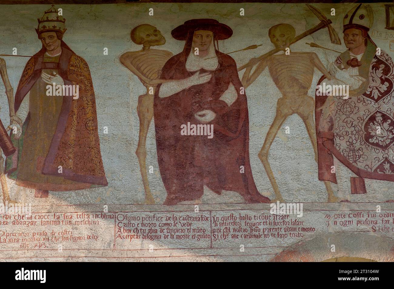 Smiling skeletons with three members of the Roman Catholic clergy, each ...