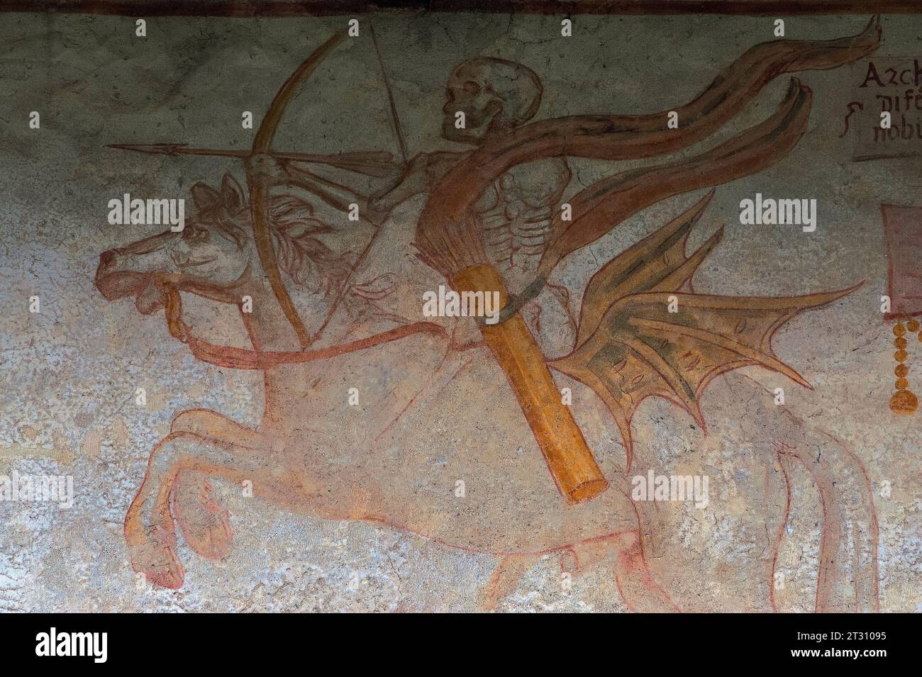 Detail from 16th century Danza Macabra (Dance of Death) fresco frieze ...