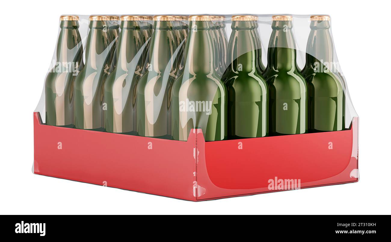 Beer bottles wrapped in the shrink film, 3D rendering isolated on white ...