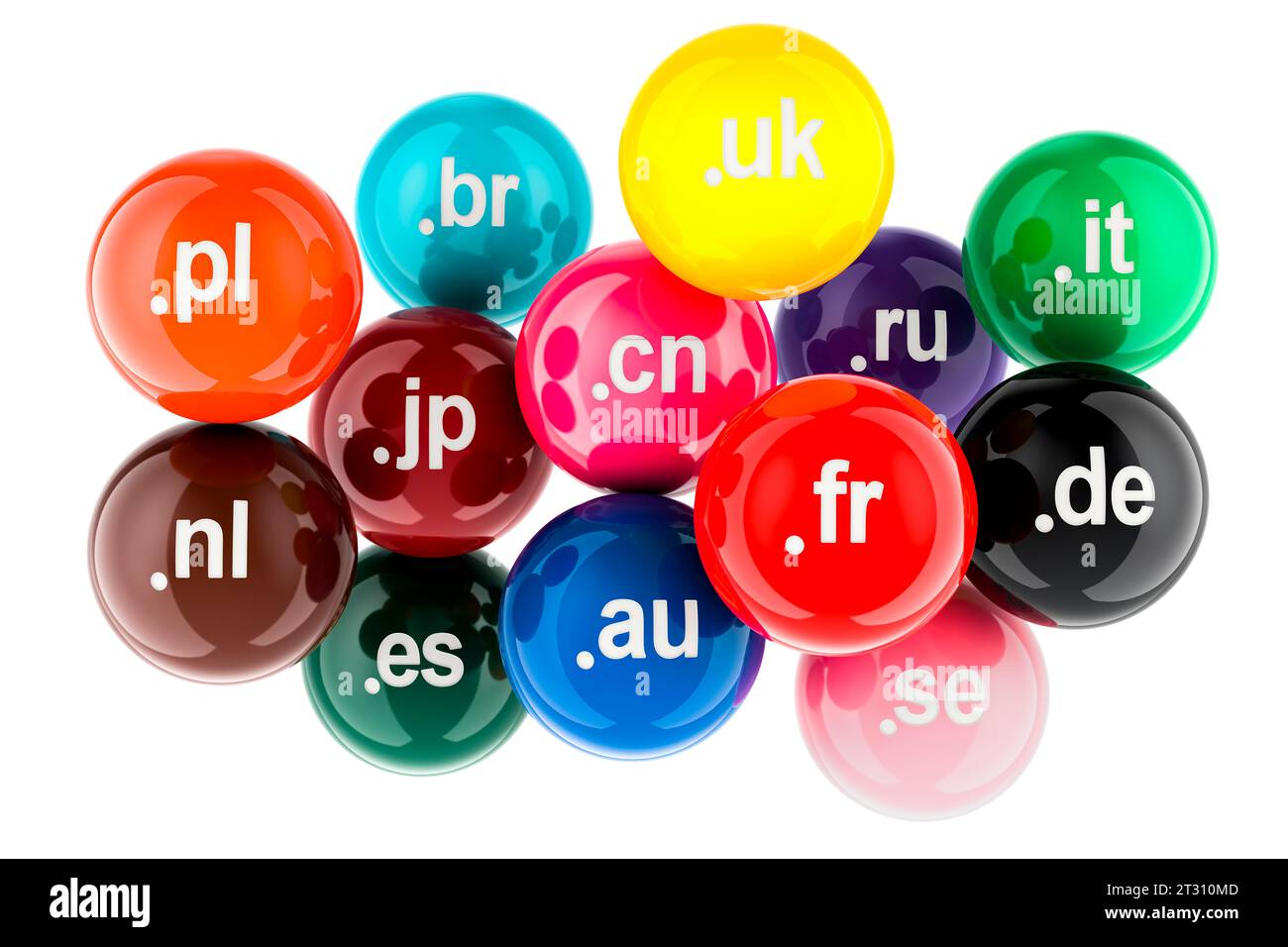 Colored balls with country code top level domain names, 3D rendering ...