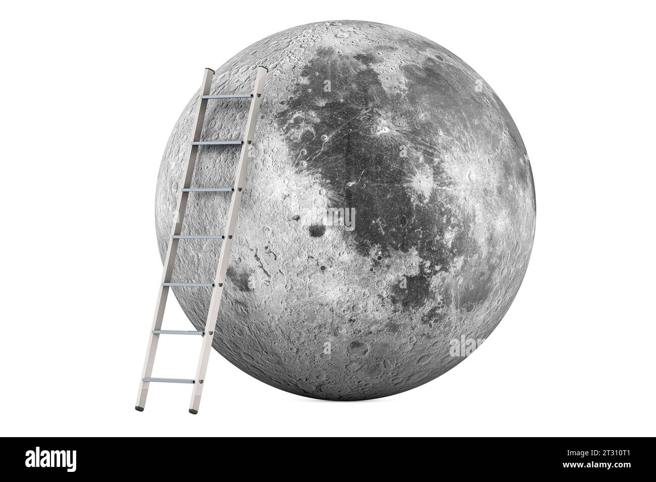Lunar exploration, Moon with ladder. 3D rendering isolated on white ...