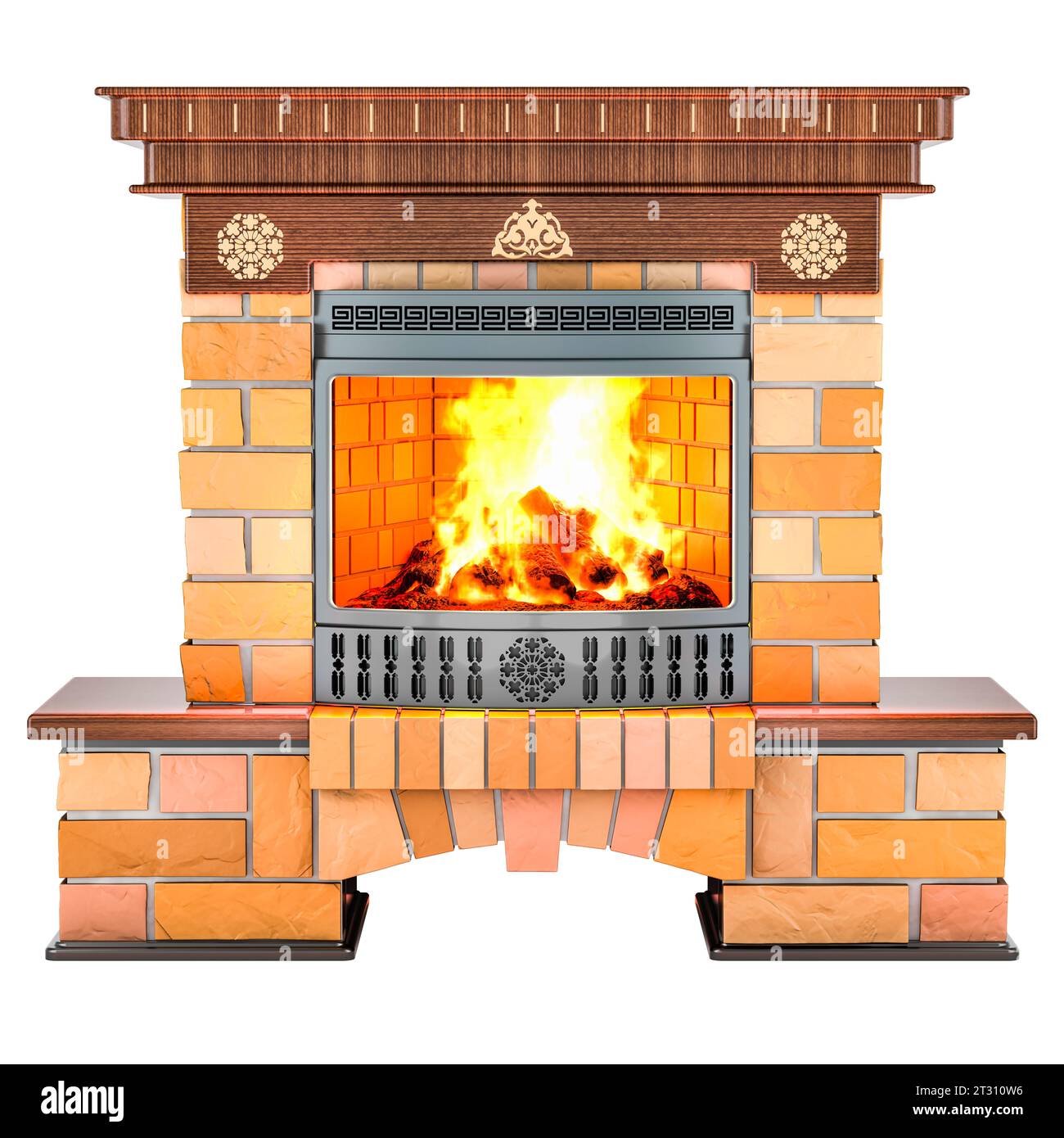 Fireplace from bricks, front view. 3D rendering isolated on white ...