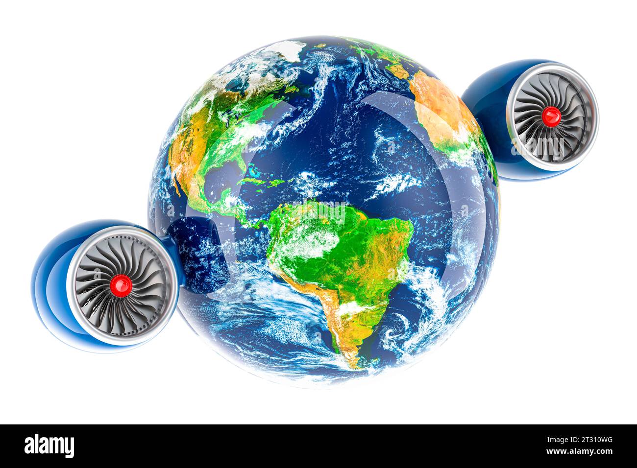 Earth Globe with jet engines. Travel concept, 3D rendering isolated on ...