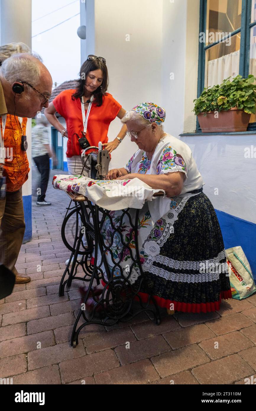 Handicraft, woman at historical sewing machine, Kollotschau Museum of ...