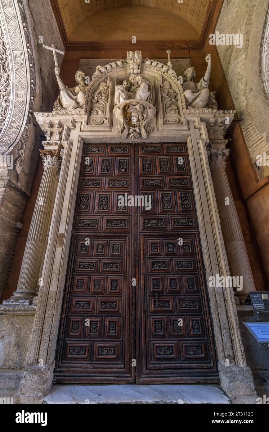 Seville, Spain - June 14, 2023 : Seville Cathedral, Side wooden old ...
