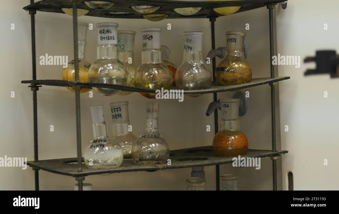 A lot of bottle with chemicals. Stock footage. Small bottles with ...