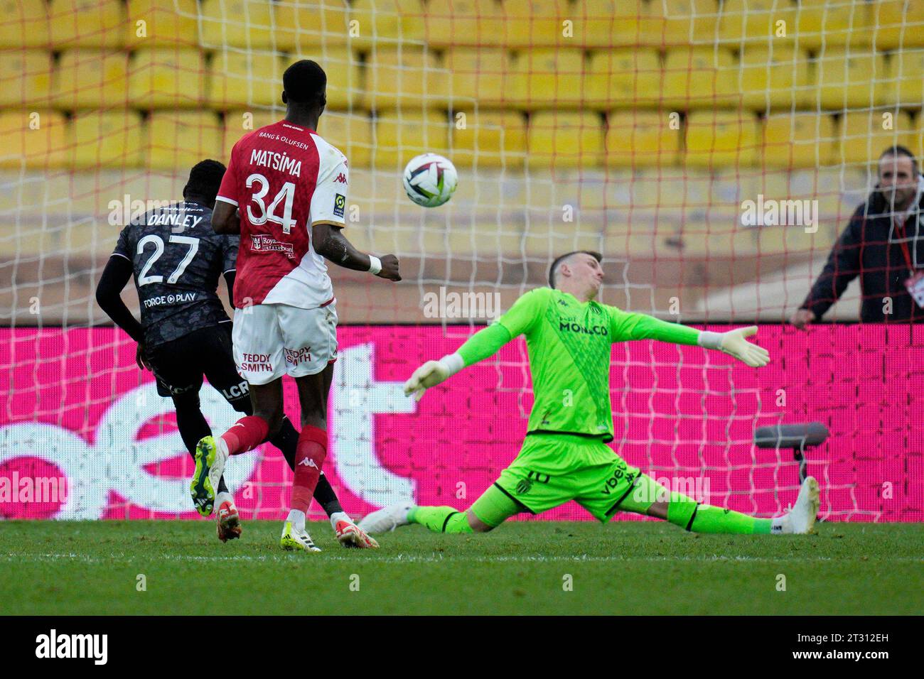 Monaco's goalkeeper Philipp Koehn saves a shot from Metz's Danley Jean ...