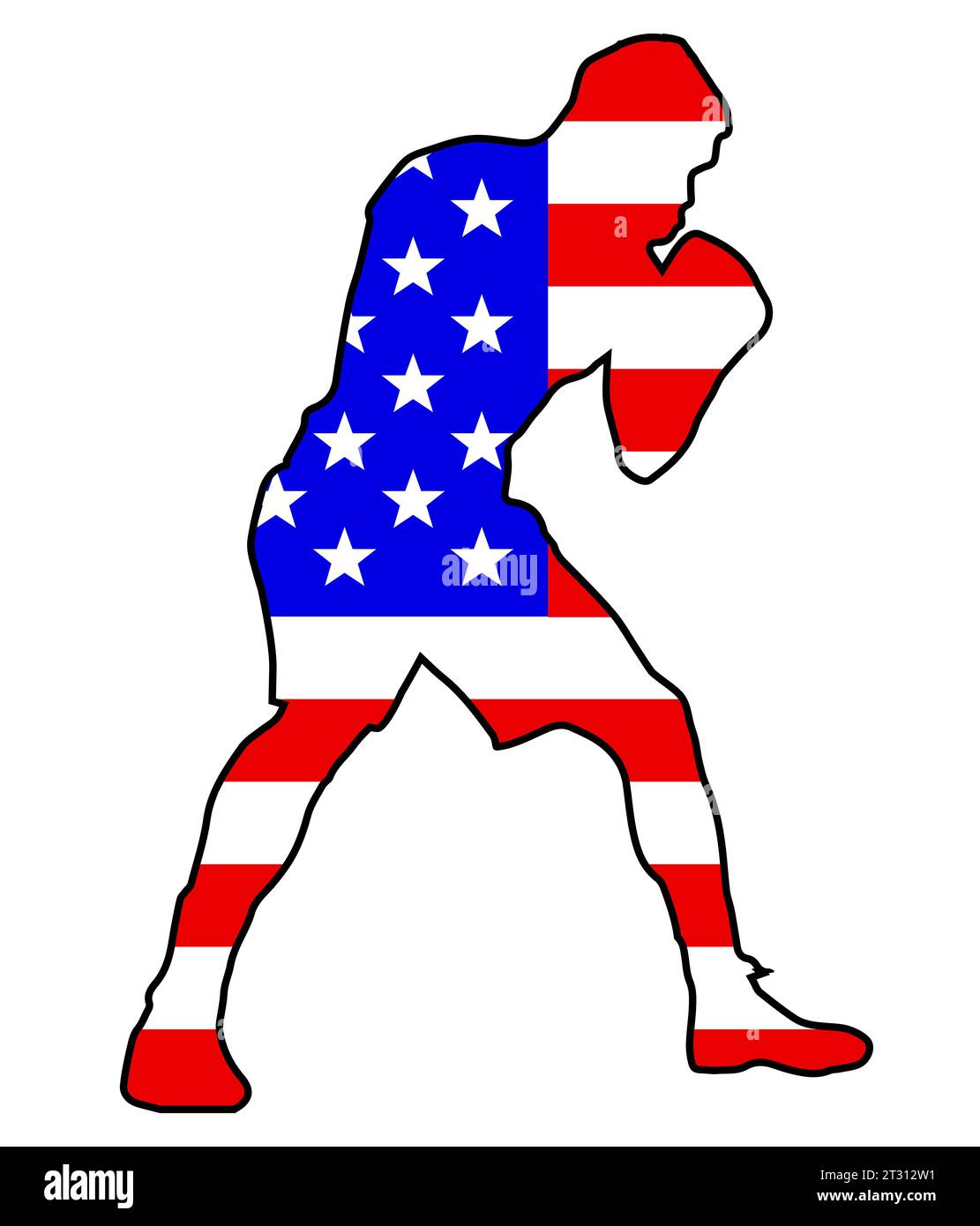 Silhouette of a heavyweight boxer in outline set over the Stars and ...