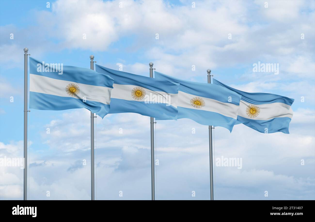 Argentina four flags in row waving together on blue cloudy sky ...