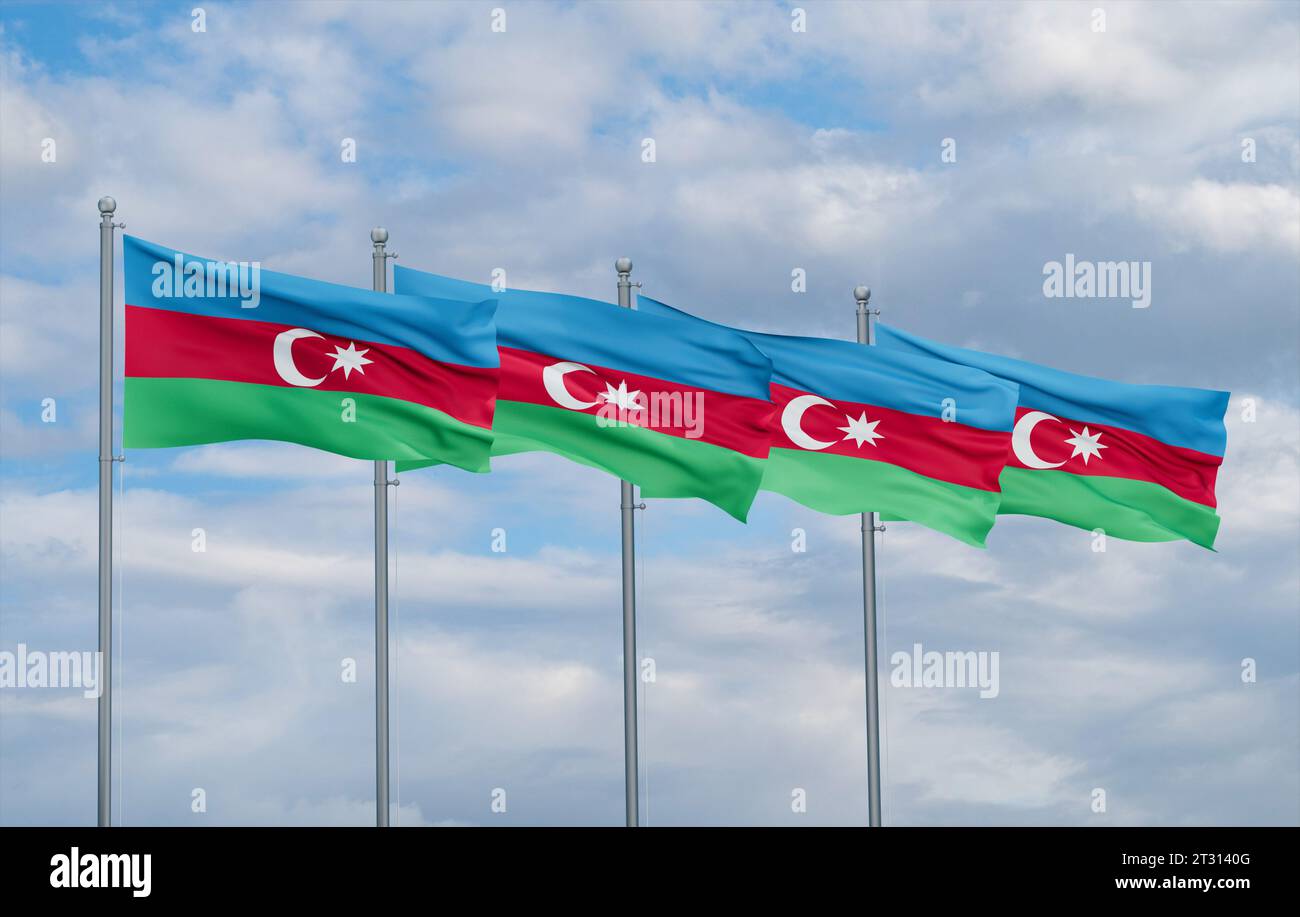 Azerbaijan four flags in row waving together on blue cloudy sky ...