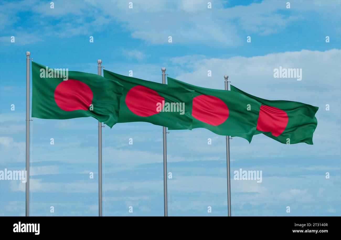 Bangladesh four flags in row waving together on blue cloudy sky ...