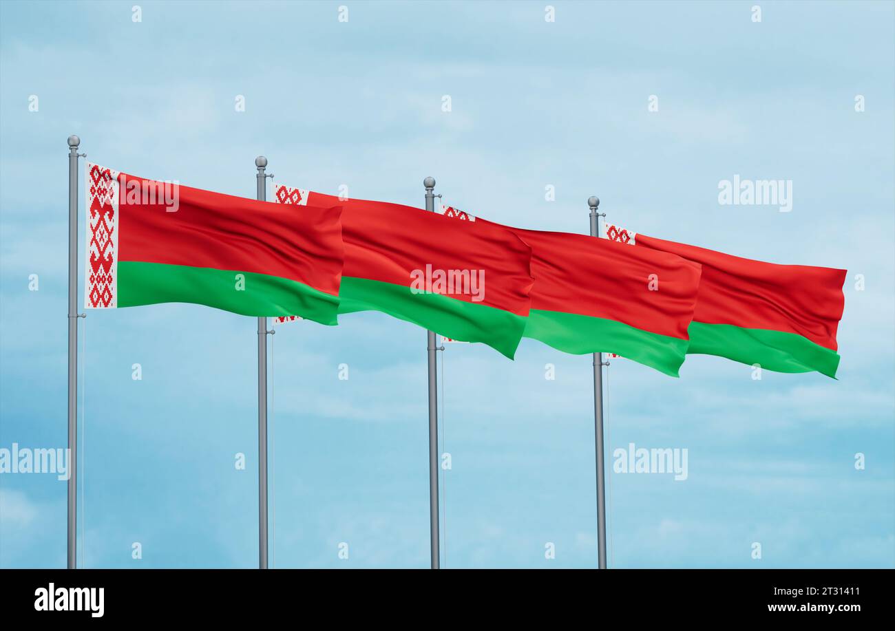 Belarus four flags in row waving together on blue cloudy sky, multiple ...