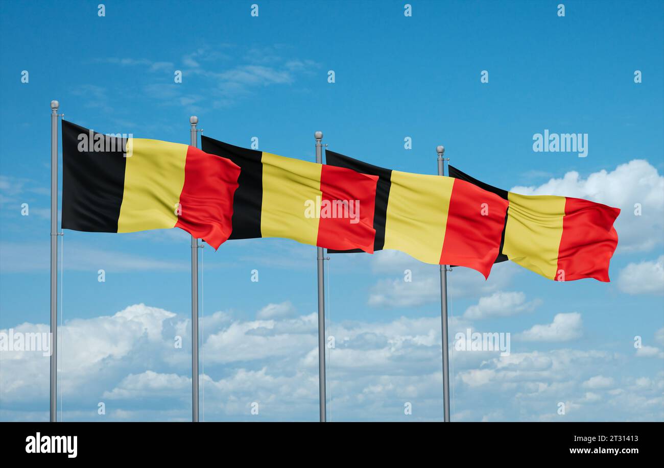 Belgium four flags in row waving together on blue cloudy sky, multiple ...
