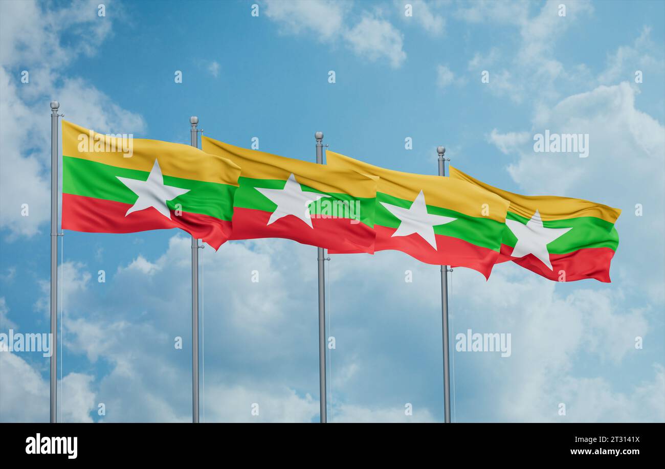 Myanmar aka Burma four flags in row waving together on blue cloudy sky ...
