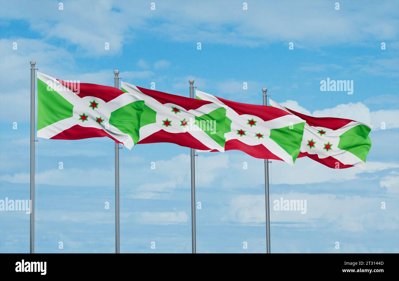 Burundi four flags in row waving together on blue cloudy sky, multiple ...
