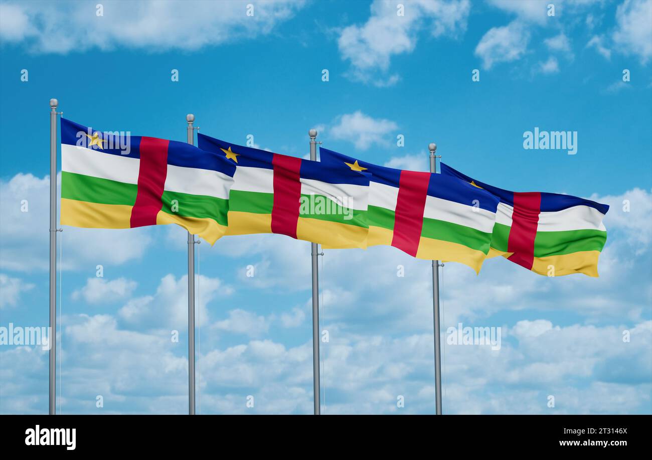 Central African Republic four flags in row waving together on blue ...