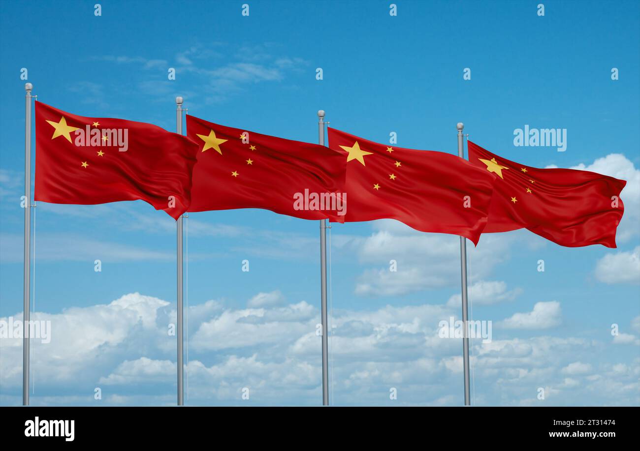 China four flags in row waving together on blue cloudy sky, multiple ...