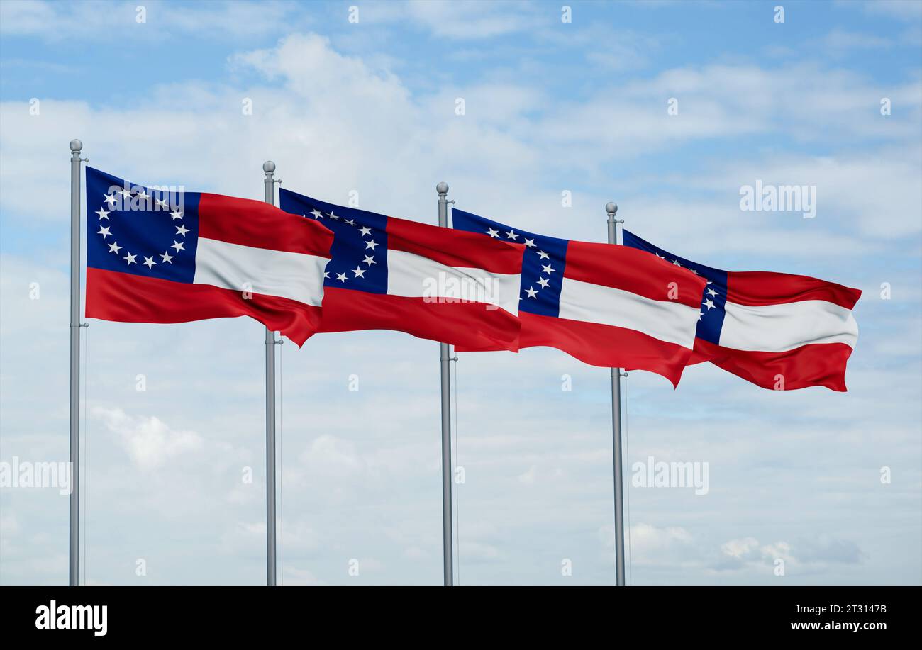 Confederate States of America four flags in row waving together on blue ...