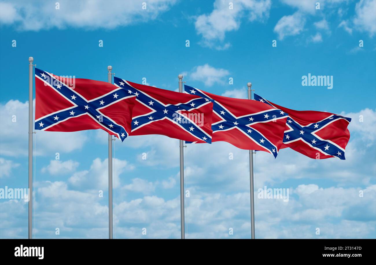 Confederate States of America battle four flags in row waving together ...