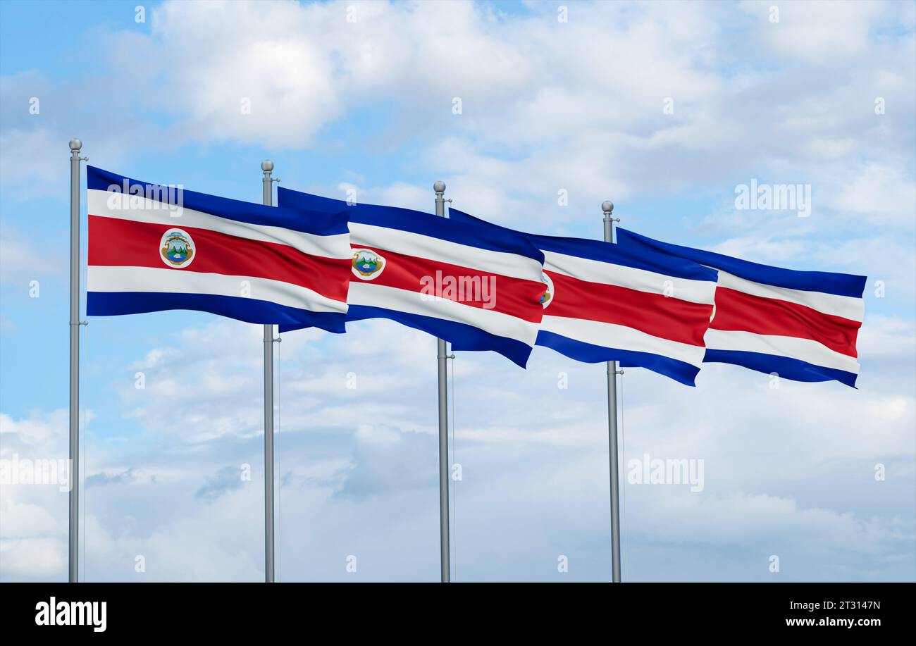 Costa Rico four flags in row waving together on blue cloudy sky ...