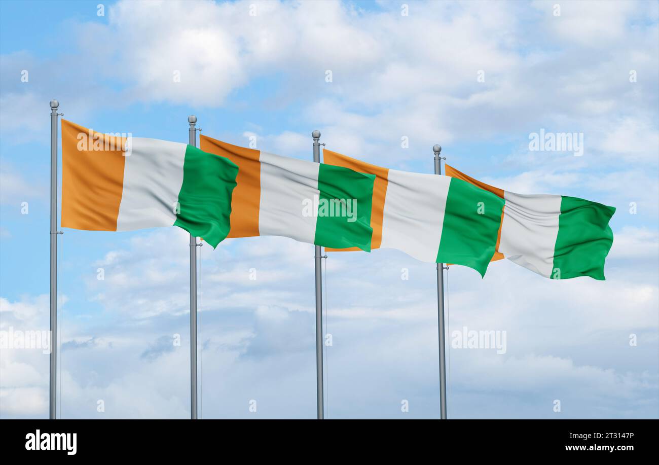 Ivory Coast or Cote d'Ivoire four flags in row waving together on blue ...