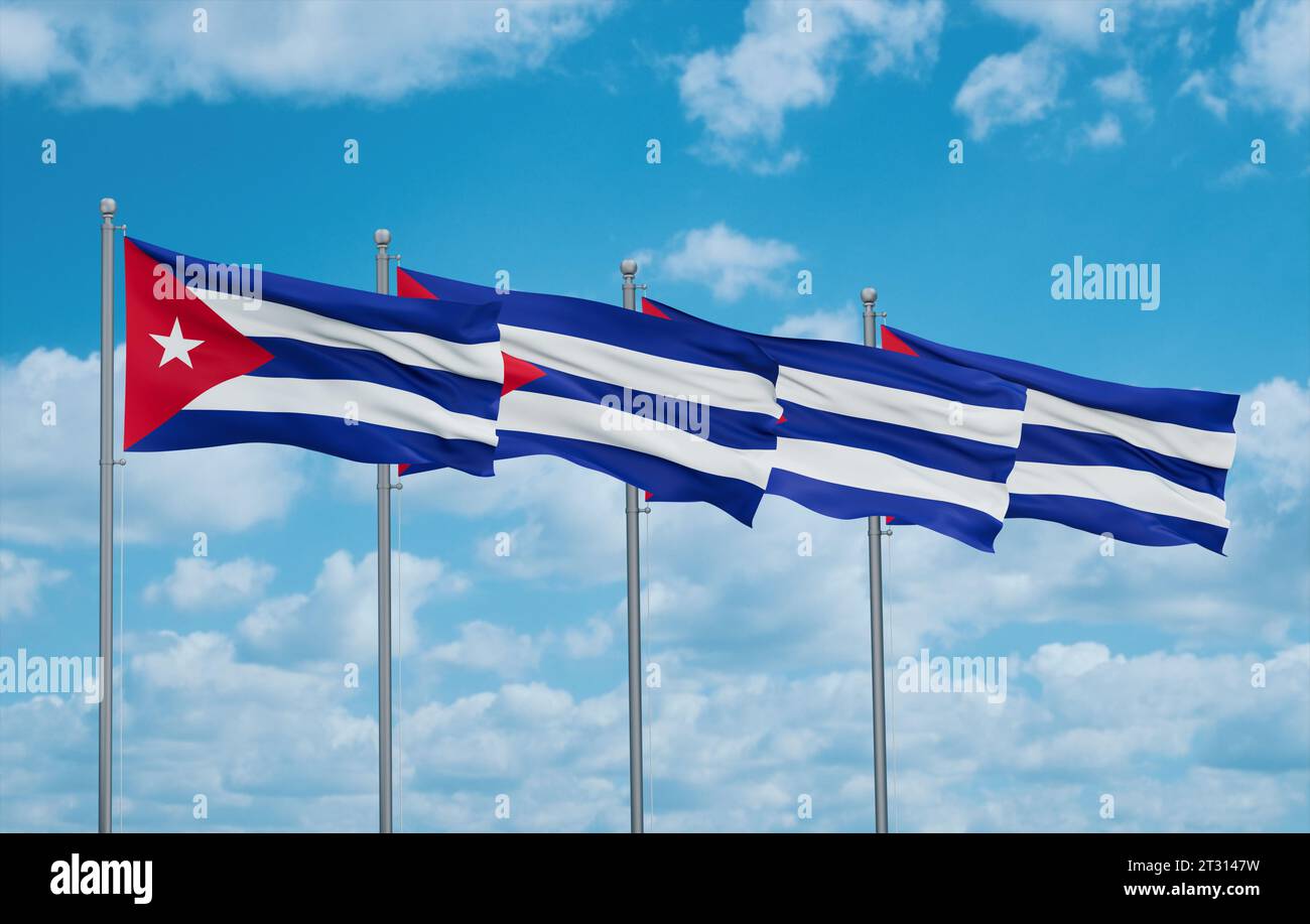Cuba four flags in row waving together on blue cloudy sky, multiple ...