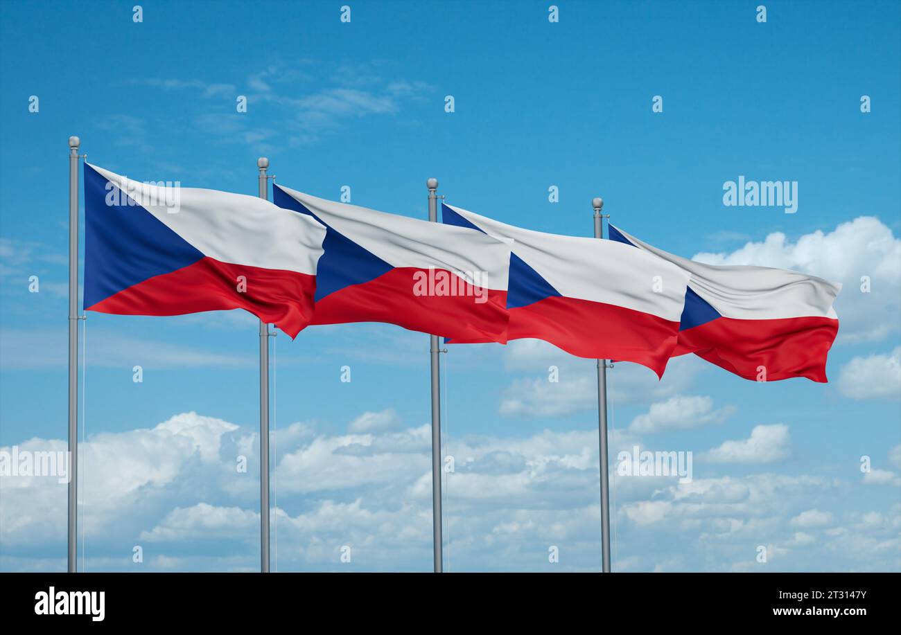 Czech Republic four flags in row waving together on blue cloudy sky ...