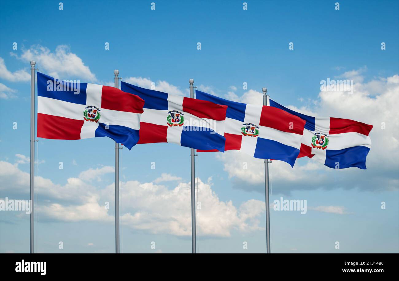 Dominican Republic four flags in row waving together on blue cloudy sky ...