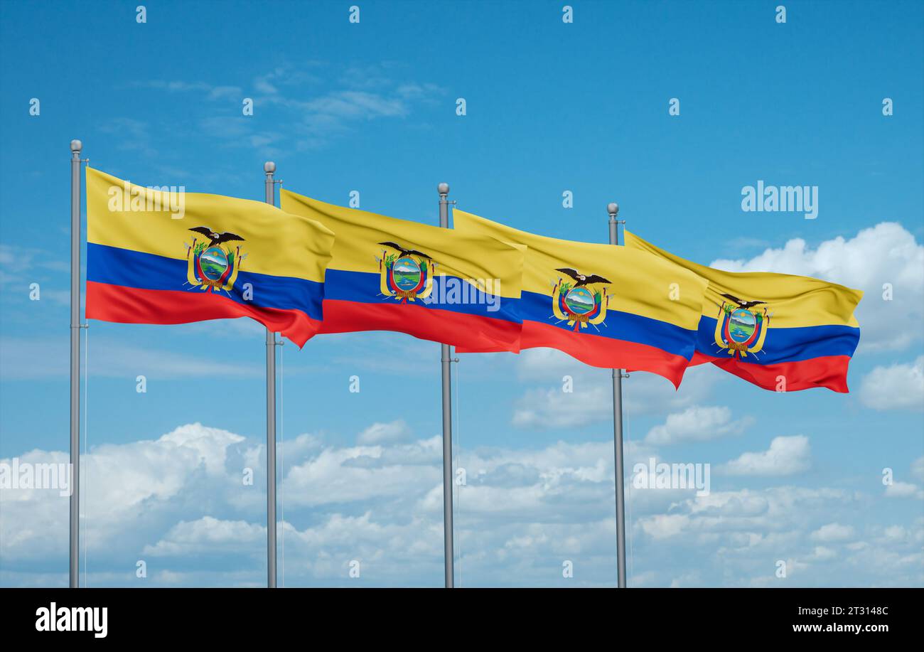 Ecuador four flags in row waving together on blue cloudy sky, multiple ...