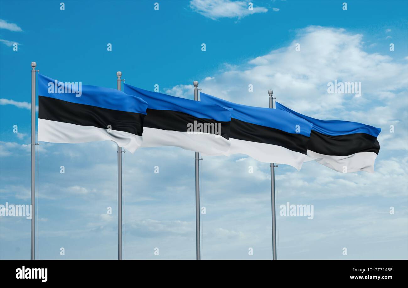 Estonia four flags in row waving together on blue cloudy sky, multiple ...