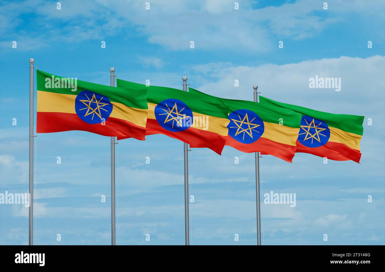 Ethiopia four flags in row waving together on blue cloudy sky, multiple ...