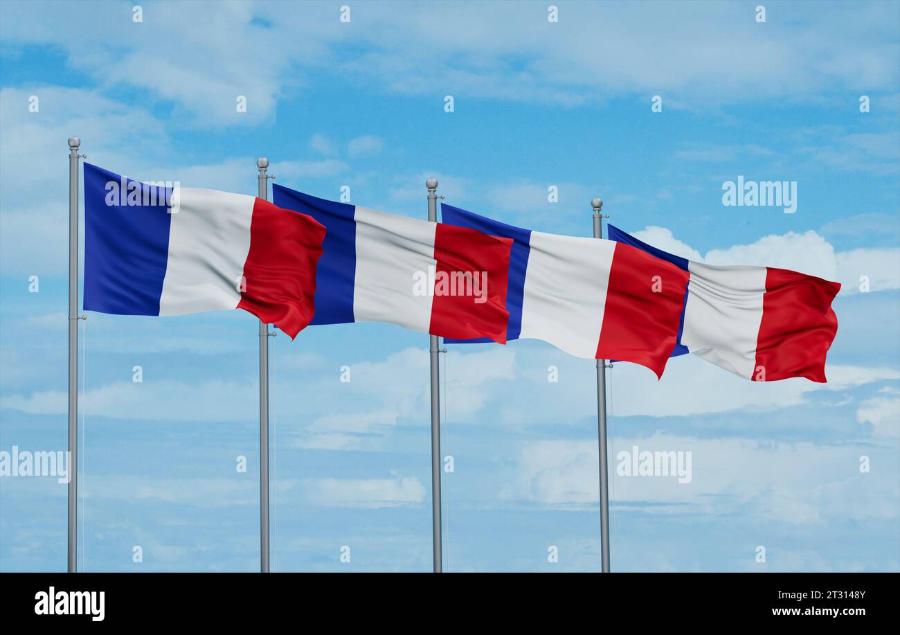 France four flags in row waving together on blue cloudy sky, multiple ...