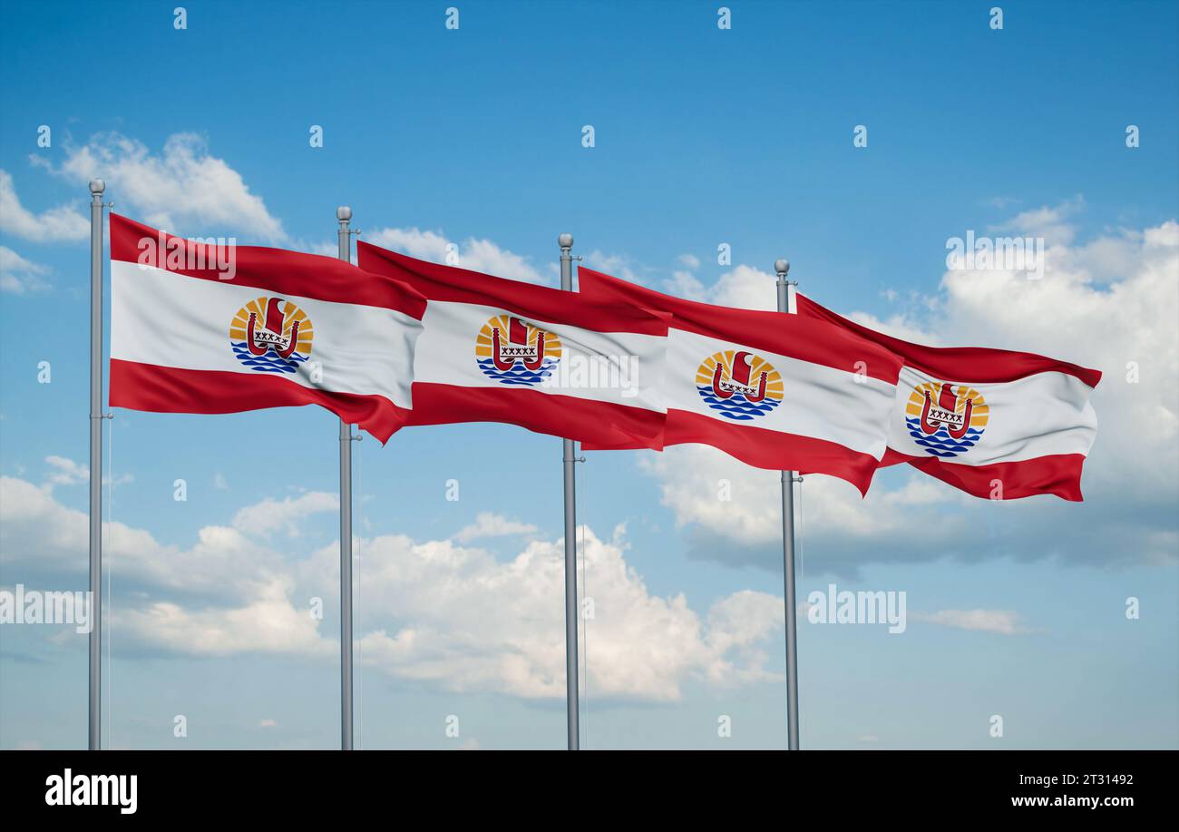 French Polynesia four flags in row waving together on blue cloudy sky ...