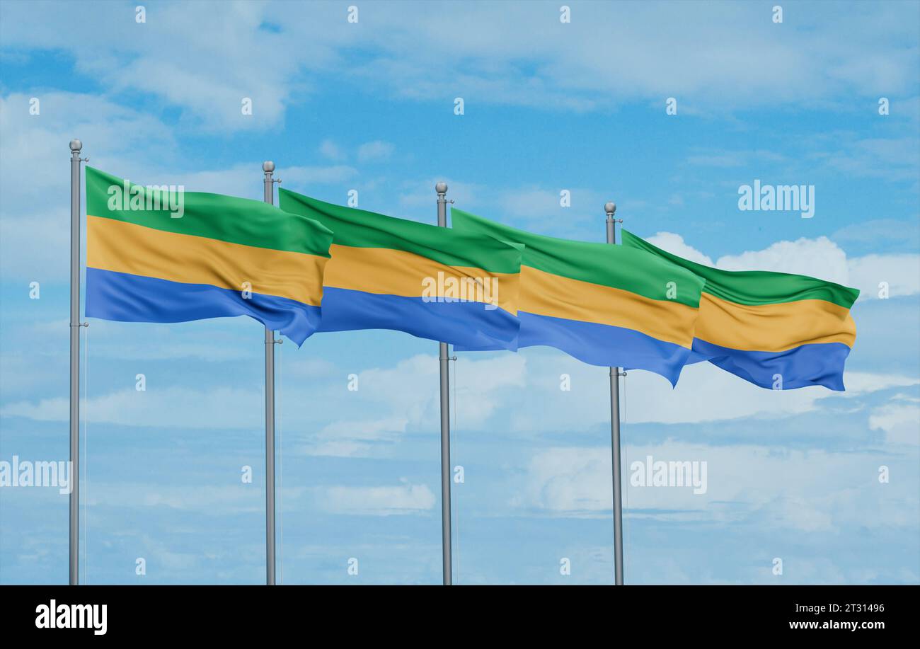 Gabon four flags in row waving together on blue cloudy sky, multiple ...