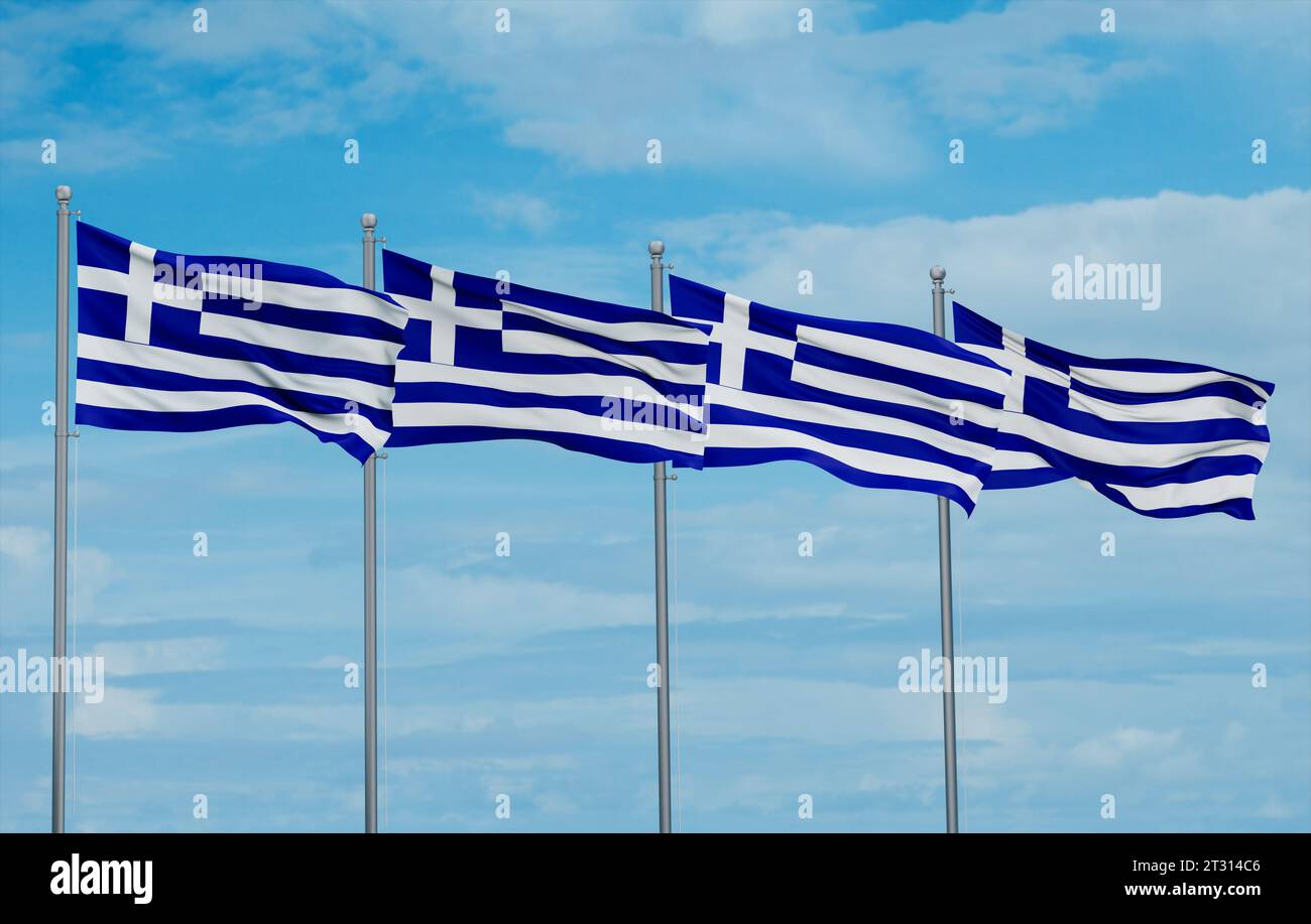 Greece four flags in row waving together on blue cloudy sky, multiple ...