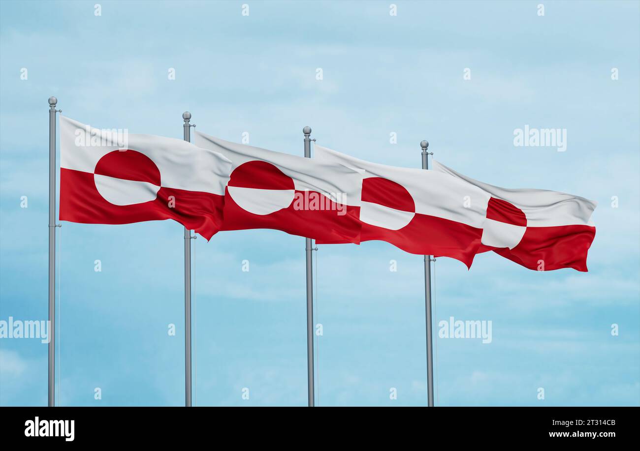 Greenland four flags in row waving together on blue cloudy sky ...