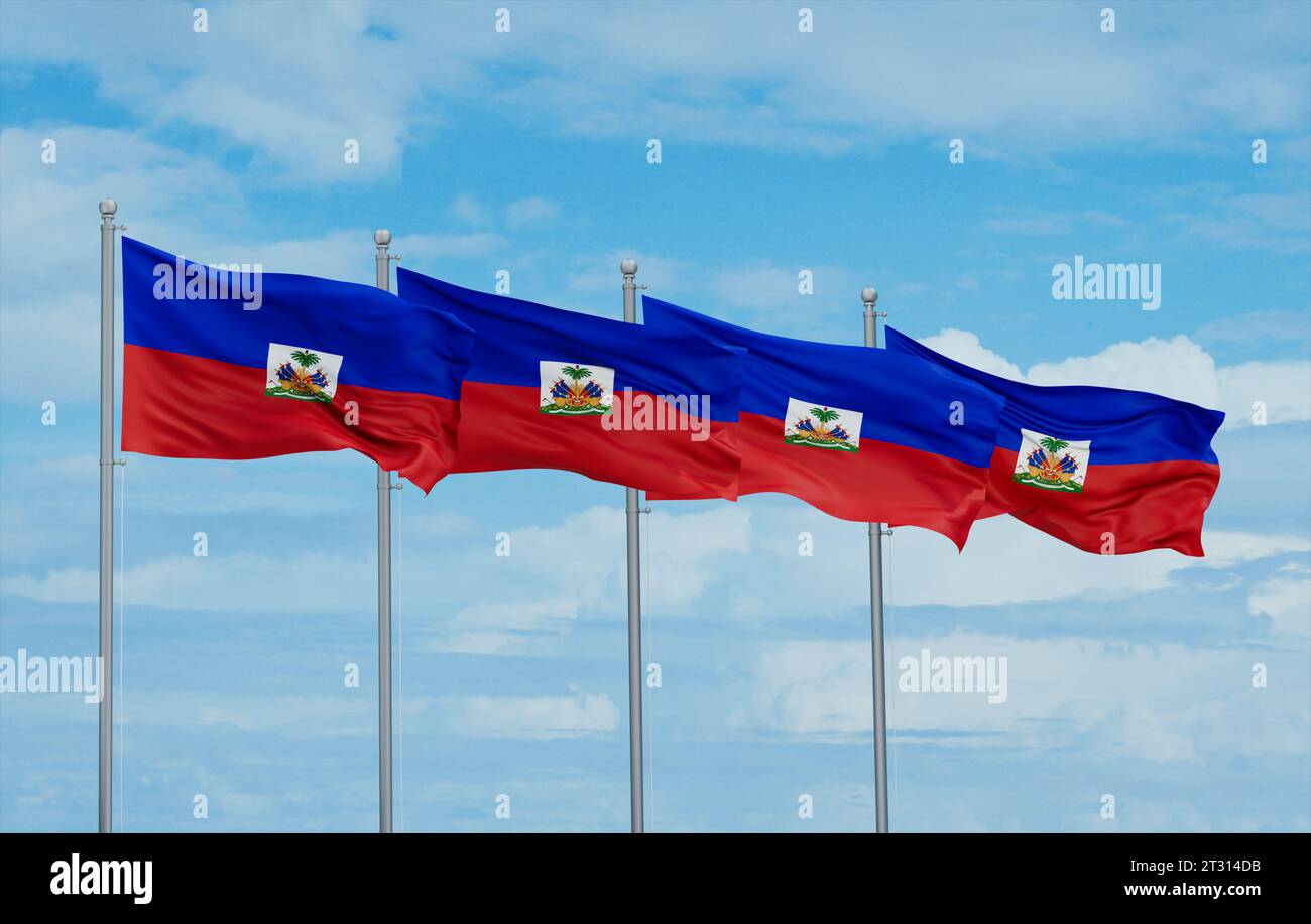 Haiti four flags in row waving together on blue cloudy sky, multiple ...