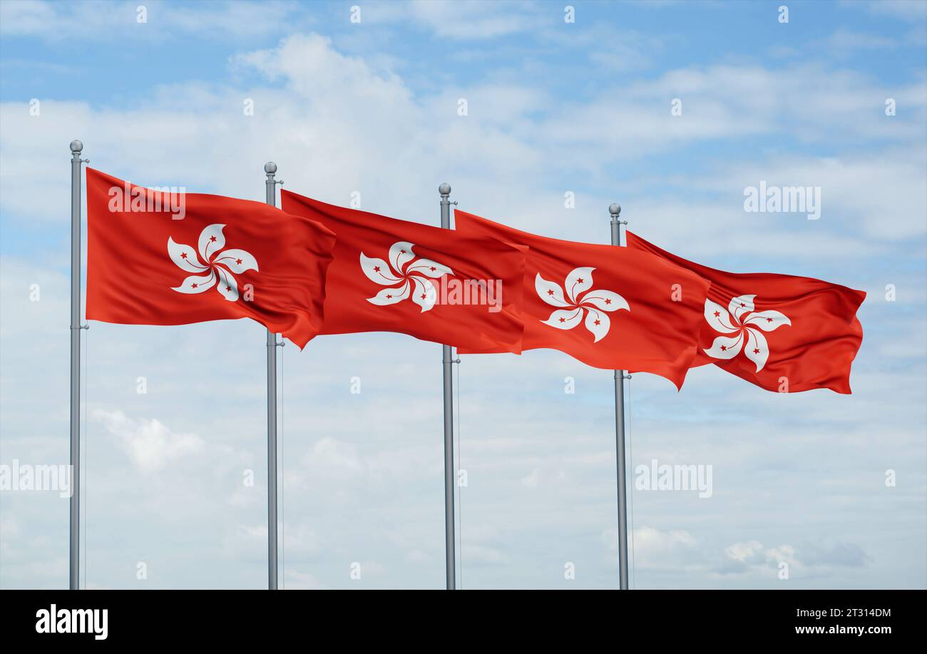 Hong Kong four flags in row waving together on blue cloudy sky ...
