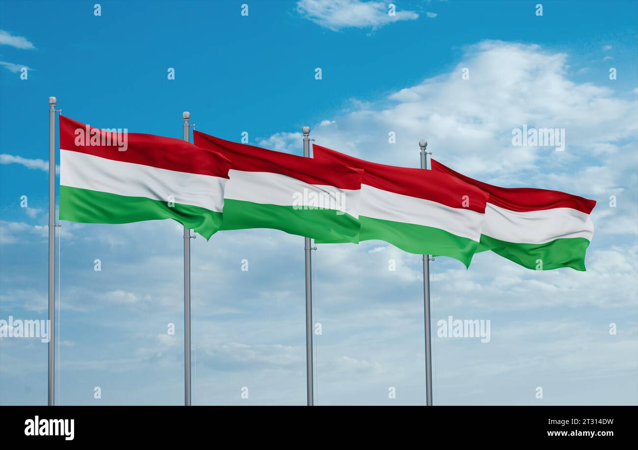 Hungary four flags in row waving together on blue cloudy sky, multiple ...