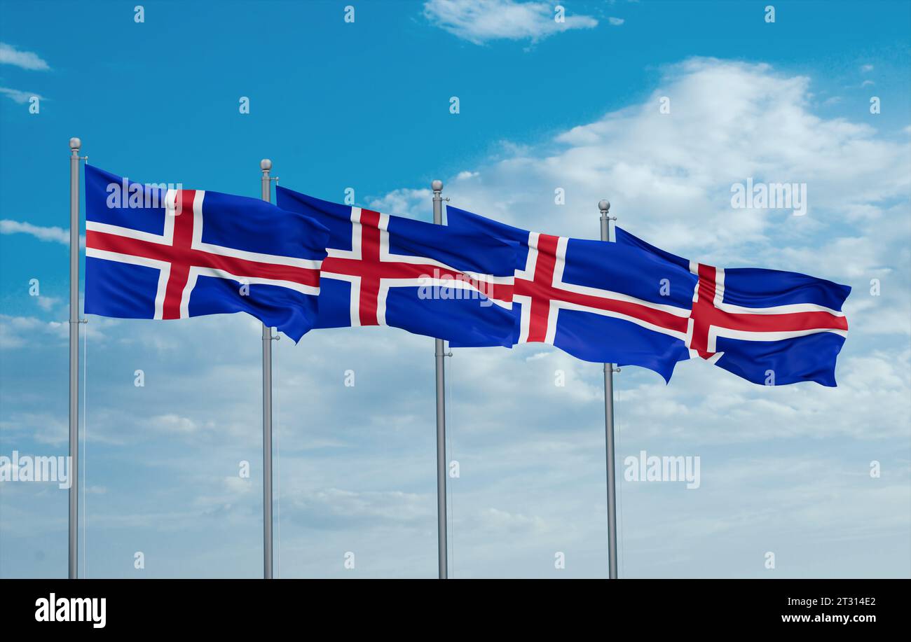 Iceland four flags in row waving together on blue cloudy sky, multiple ...