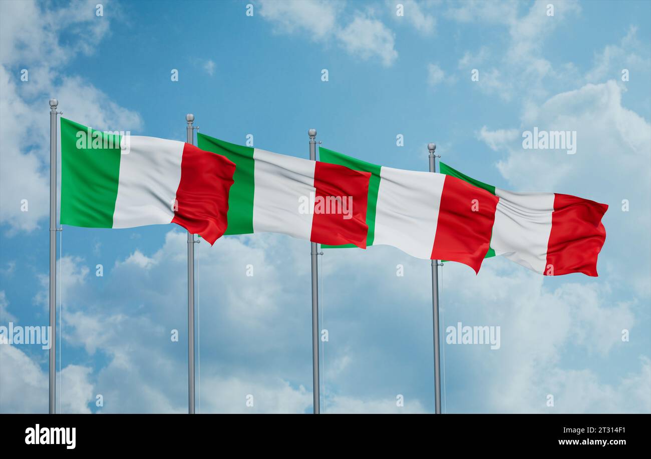 Italy four flags in row waving together on blue cloudy sky, multiple ...