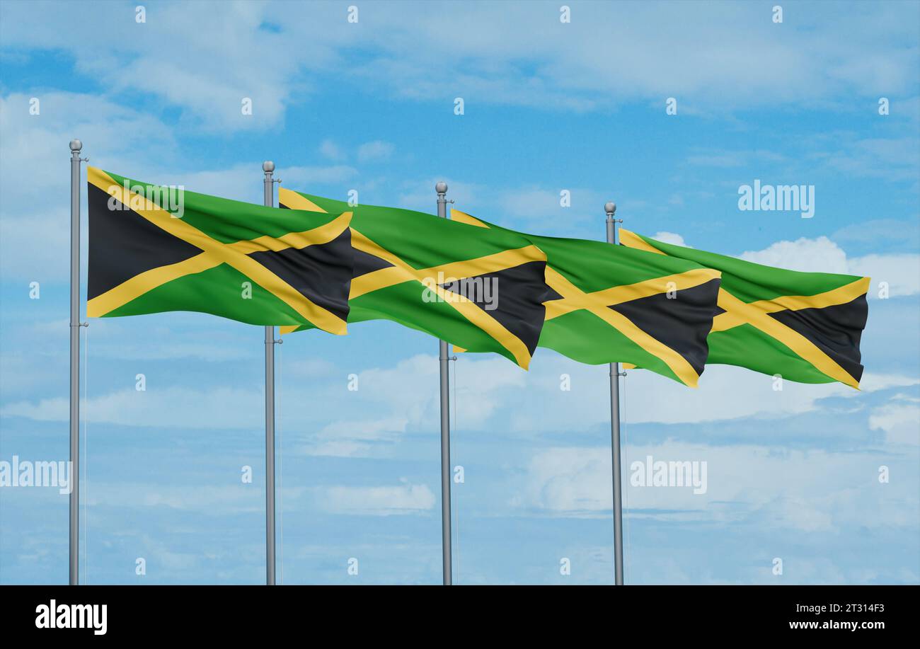 Jamaica four flags in row waving together on blue cloudy sky, multiple ...