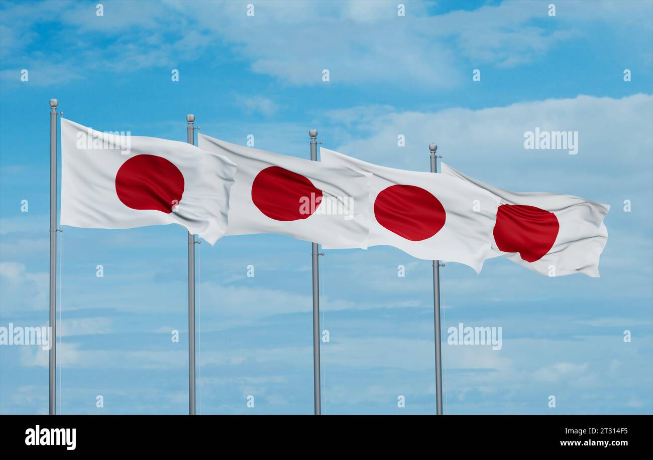 Japan four flags in row waving together on blue cloudy sky, multiple ...